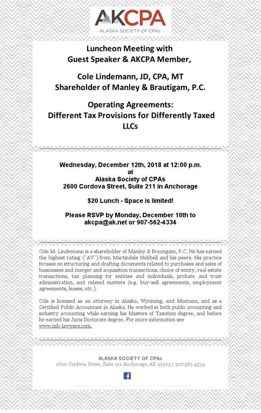 Anchorage - Luncheon with Cole Lindemann : Calendar of Events - AKCPA.org